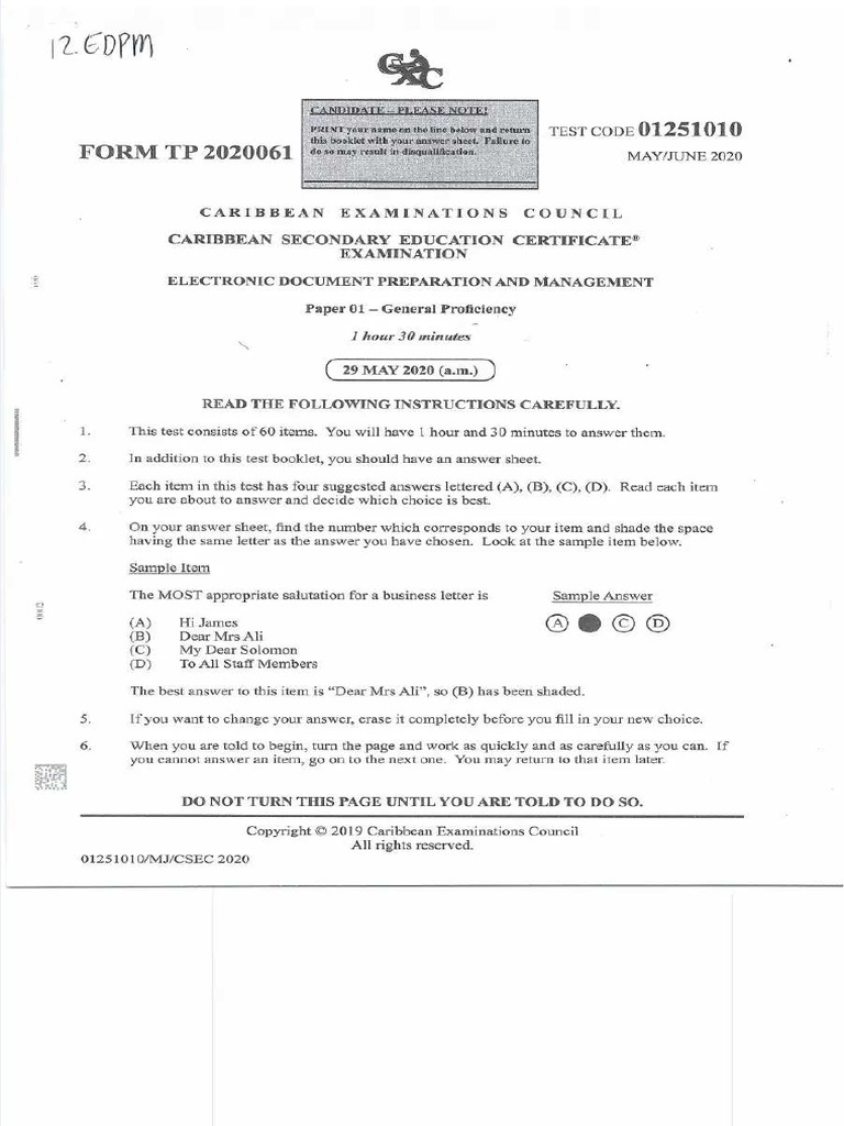 643118137-Cxc-Csec-Edpm-Paper-1-2020 ANSWERS | PDF