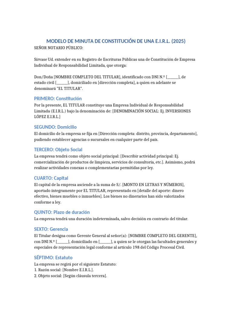 Modelo Minuta Eirl 2025 | PDF