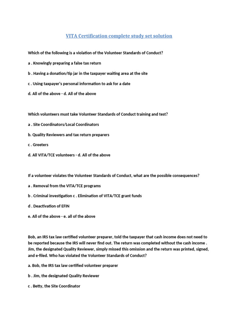 VITA Certification Complete Study Set Solution | PDF | Cost Of Living ...