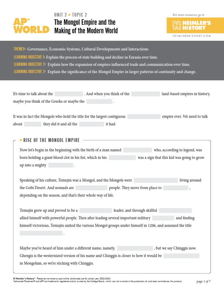 AP World Unit 2 Topic 2 Noteguide Answer Key | PDF | Mongol Empire ...