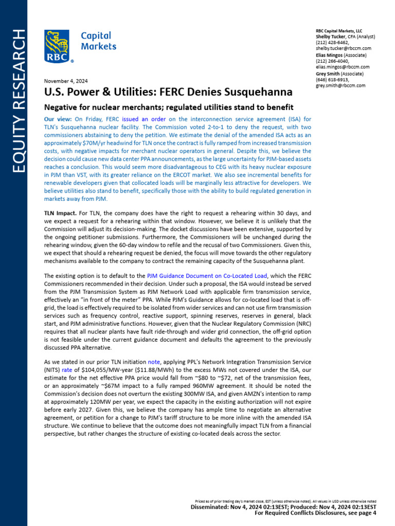 U.S. Power & Utilities FERC Denies Susquehanna2024-11-04 | PDF ...