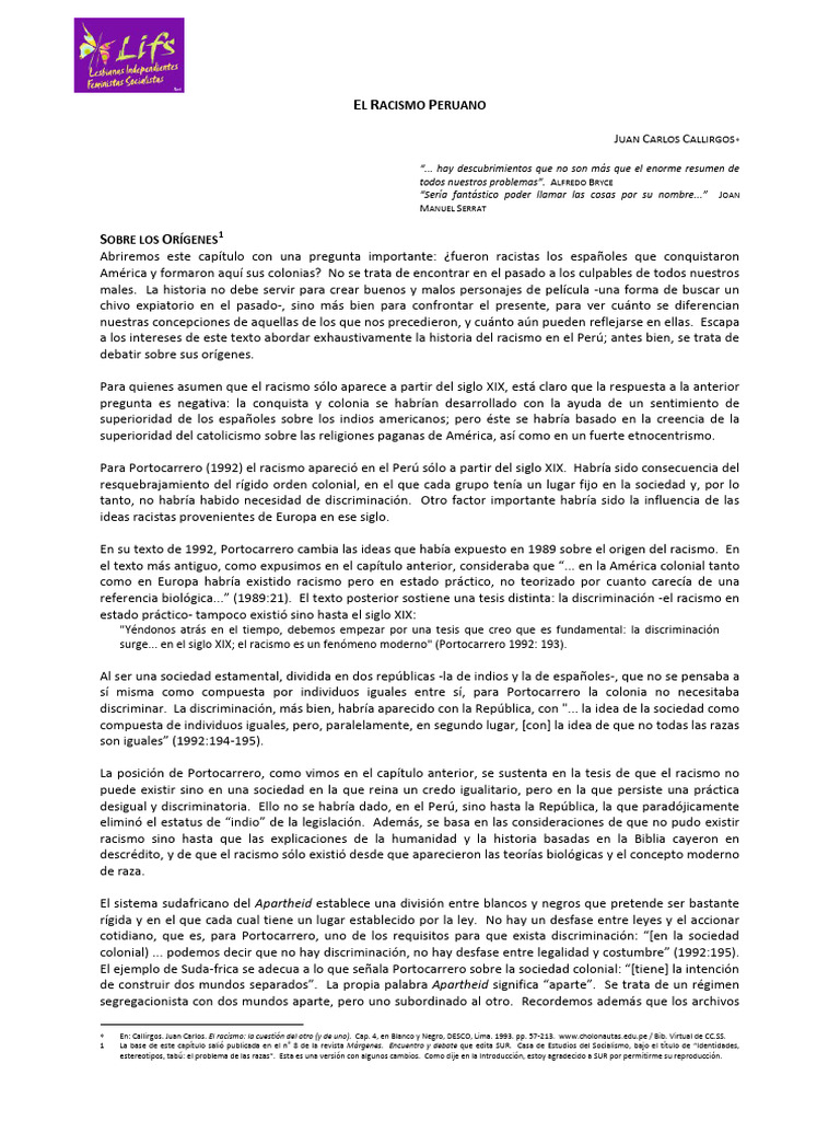 Callirgos-El Racismo Peruano | PDF | Racismo | Discriminación y ...