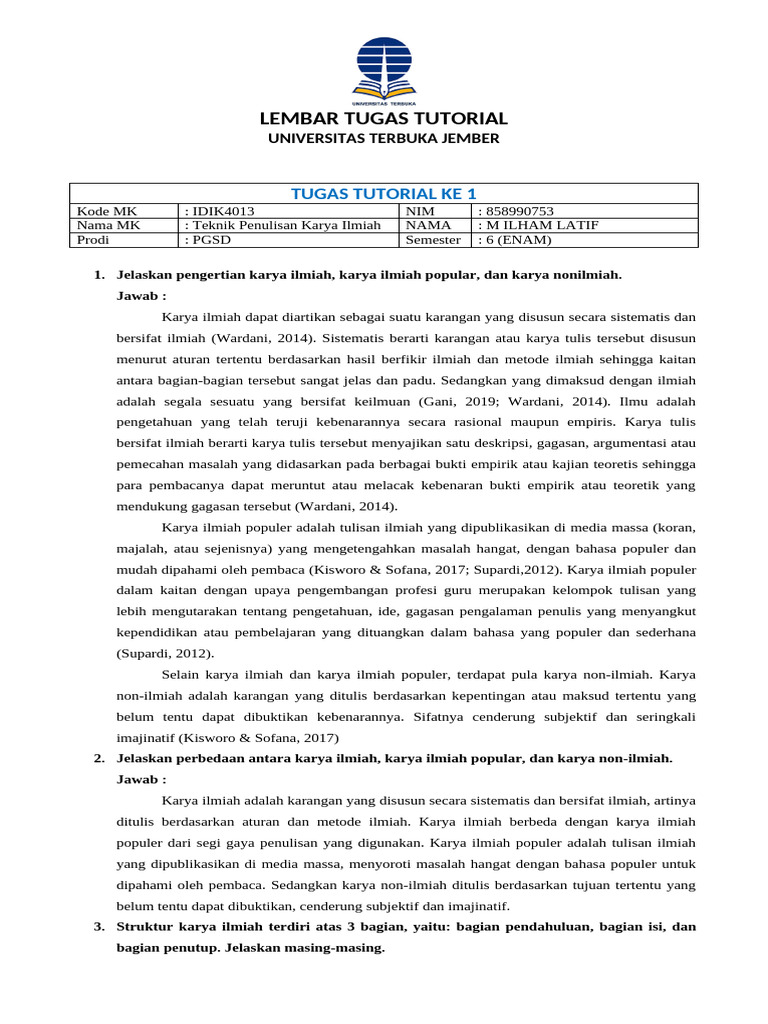 TUGAS TUTORIAL KE 1 - Teknik Penulisan Karya Ilmiah | PDF