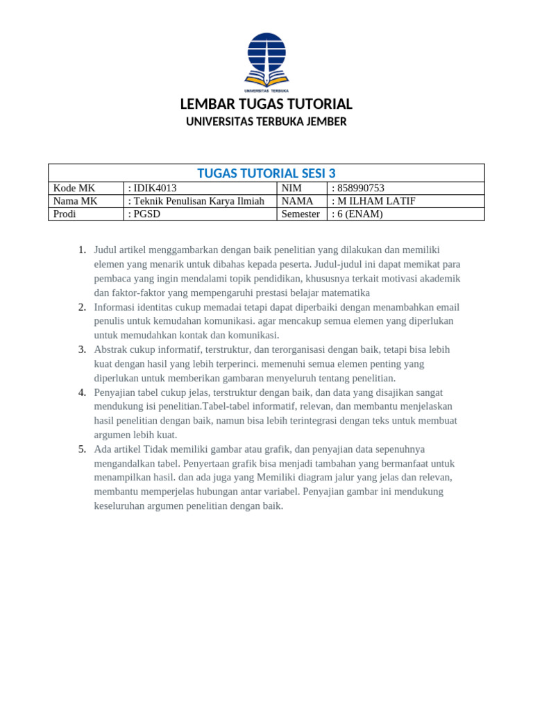Contoh Lembar Jawaban Tugas UT | PDF
