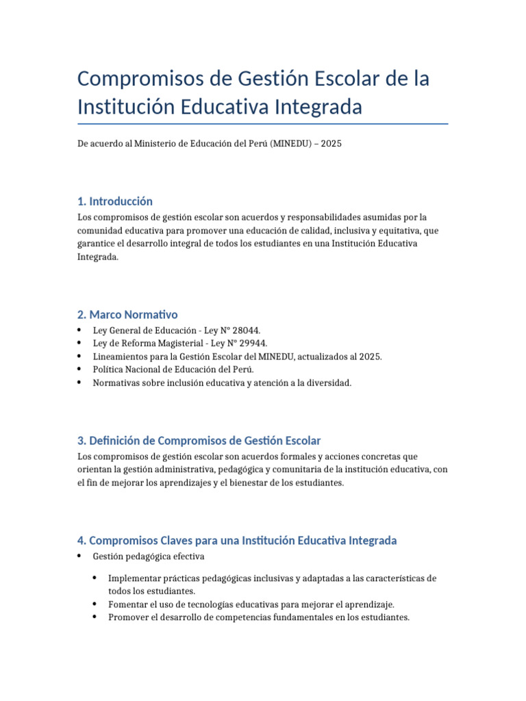 Compromisos Gestion Escolar IE Integrada MINEDU 2025 | PDF | Escuelas | Ministerio (Departamento ...