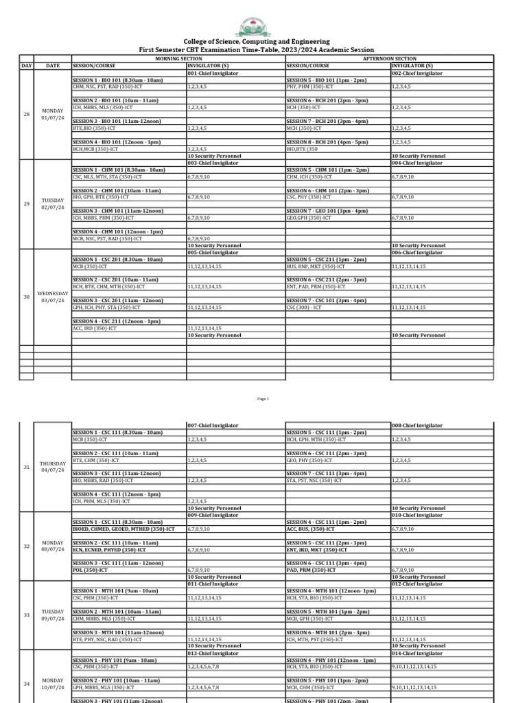 Updated First Semester CBT Exams Timetable 2023-2024-1 | PDF | Academic Degree