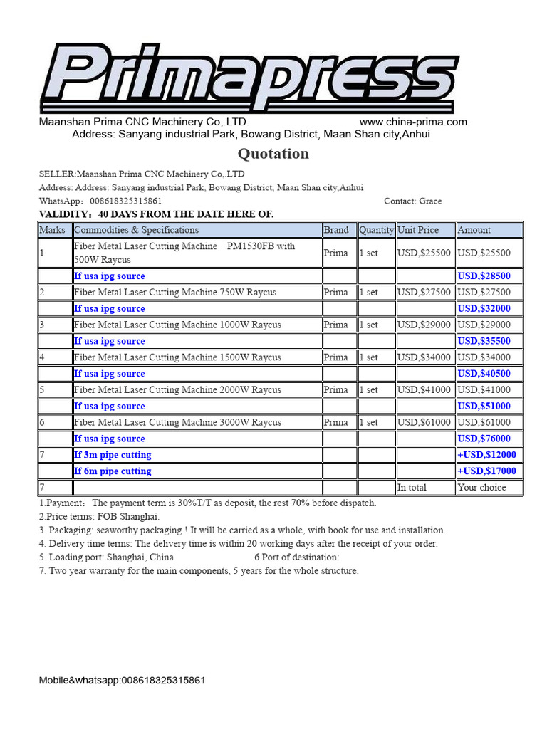 Prima Laser Price List USA | PDF | Numerical Control | Optical Fiber