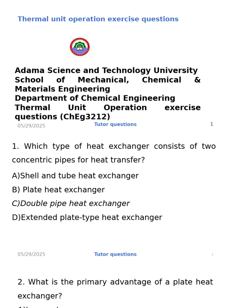 Thermal Unit Operation Exercise Questions | PDF | Heat Exchanger | Heat ...