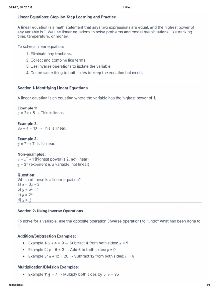 SAT Math Foundational Class Lecture 1 Linear Equations | PDF