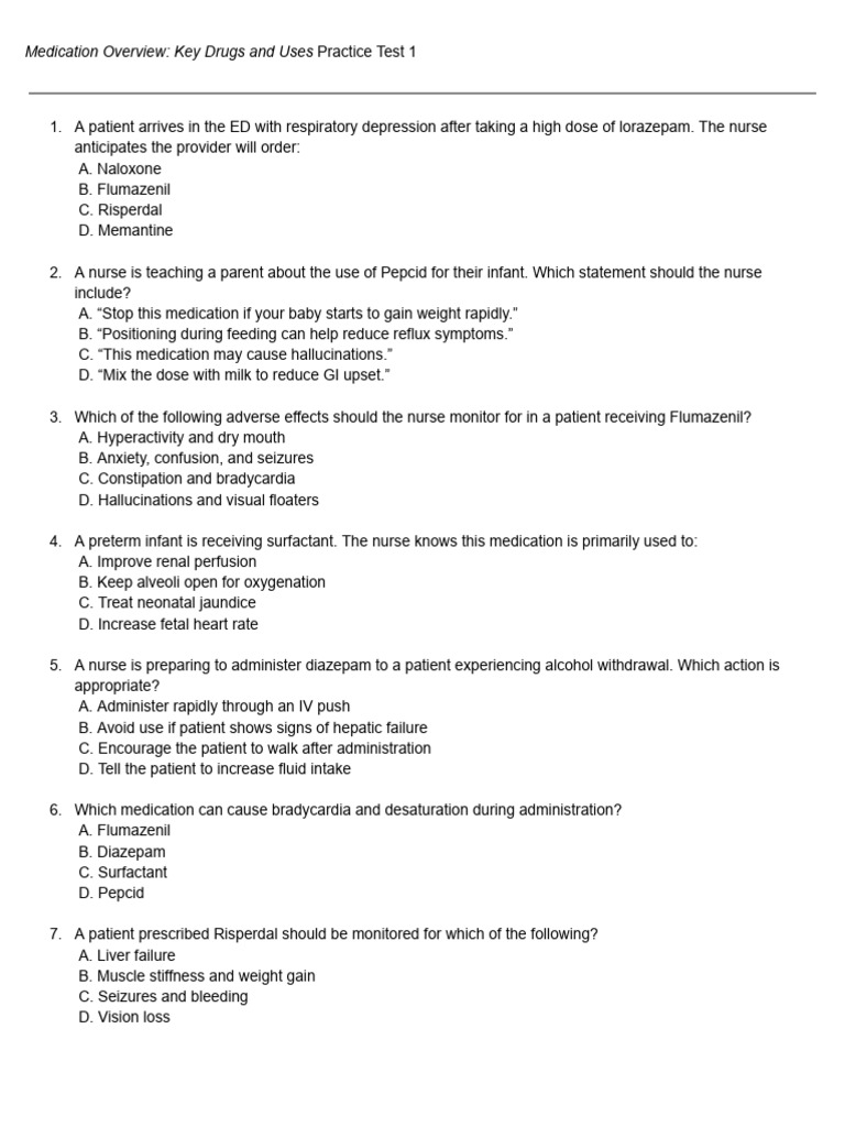 Medication Overview - Key Drugs and Uses Practice Test 1 | PDF ...