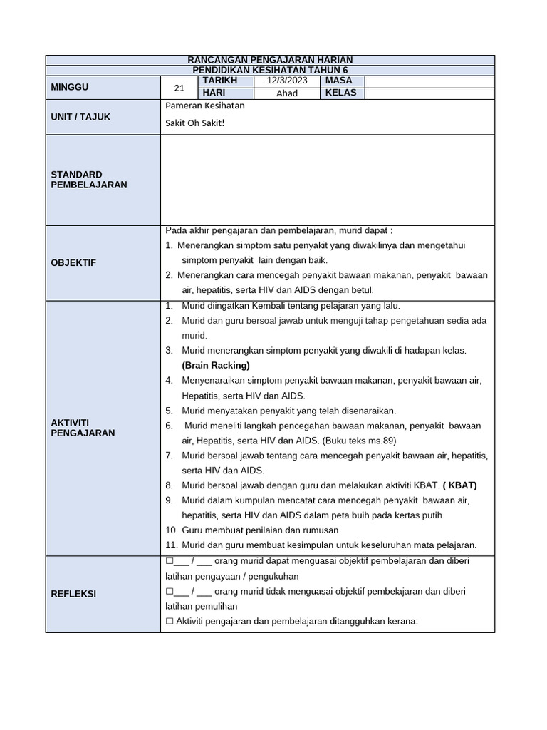 RPH Ringkas Minggu 21 Pendidikan Kesihatan THN 6 | PDF