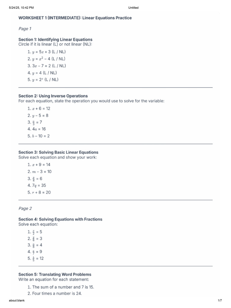 SAT Math Foundational Class Lecture 1 Linear Equations Classwork and ...