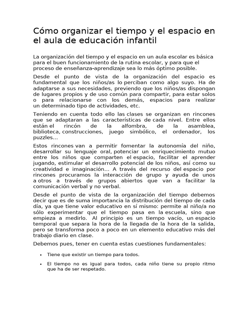 Cómo Organizar El Tiempo y El Espacio en El Aula de Educación Infantil ...