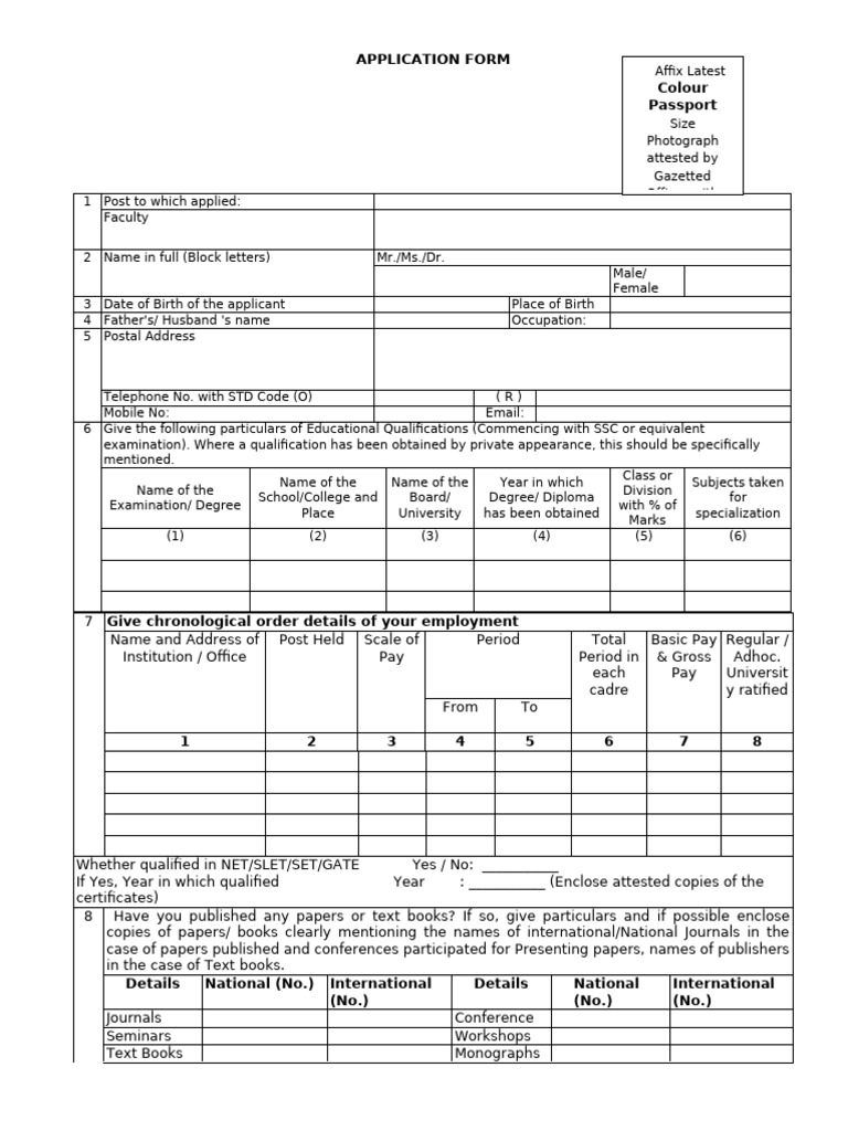 Faculty Application Form Template | PDF