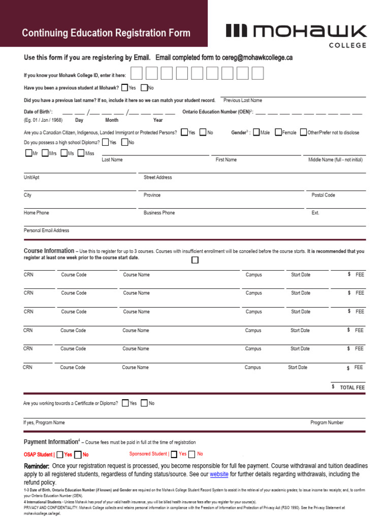 Mohawk College Continuing Education Form | PDF