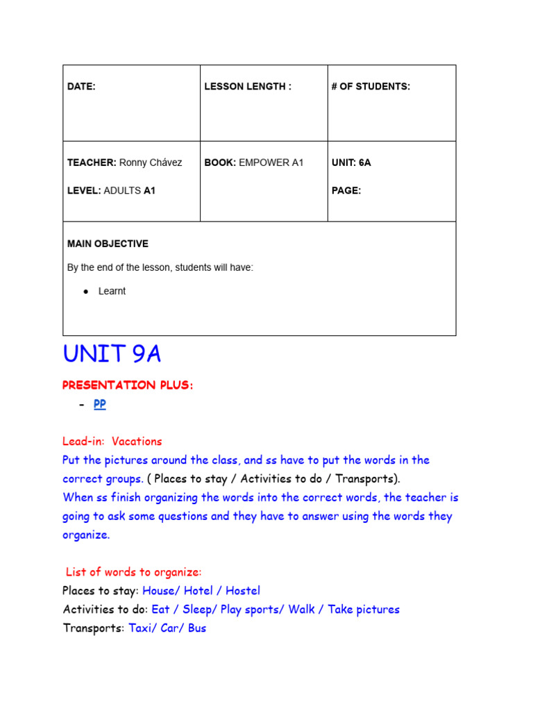 A1 Adult ESL Lesson Plan: Vacations | PDF | Verb | Subject (Grammar)