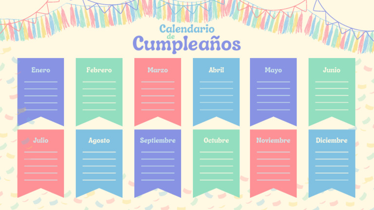 Calendario de Cumpleaños Anual Ilustado Multicolor | PDF