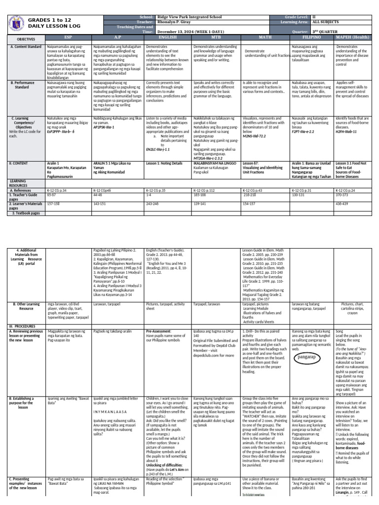 DLL - All Subjects 2 - Q3 - W1 - D1 | PDF | Learning | Human Communication