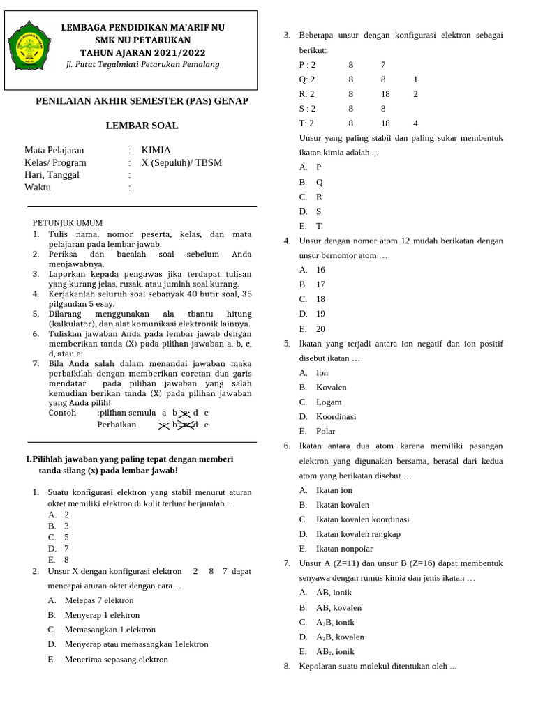PAS Genap 22 Kimia X | PDF