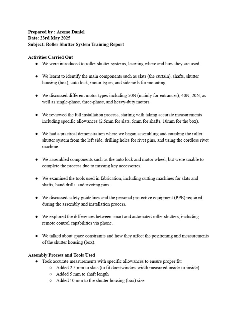Roller Shutter Training Report | PDF | Rivet | Drill