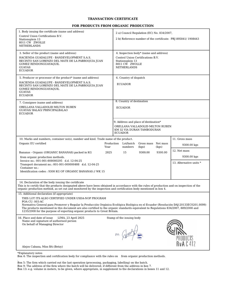 Transaction Certificate For Products From Organic Production | PDF