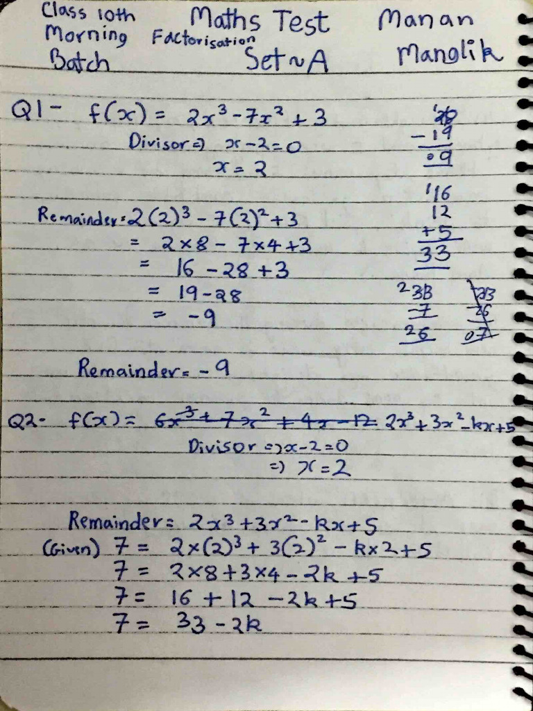 Maths Test Class 10 Morning Batch Factorisation and Quadratic MANAN ...