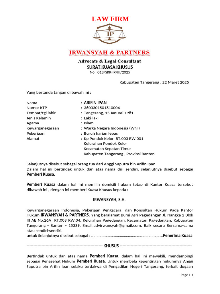 Kuasa Arifin Ipan Pengadilan Negeri Tangerang | PDF