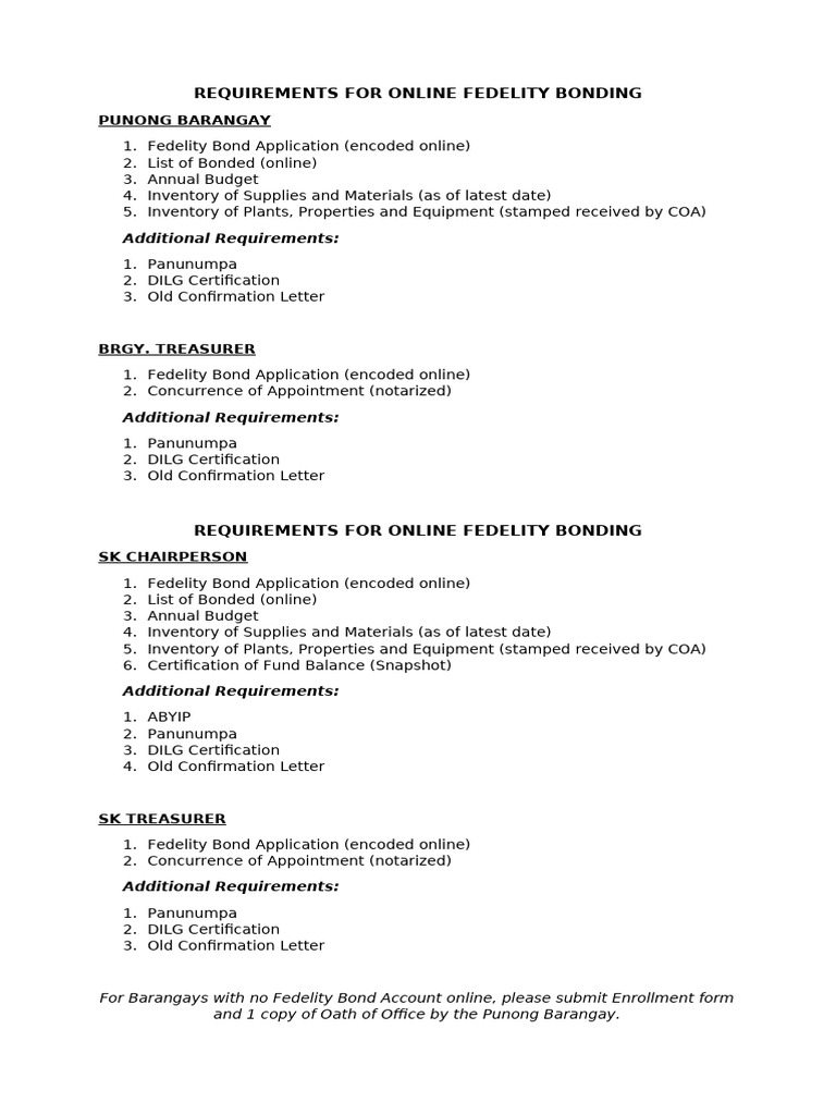 Requirements For Online Fedelity Bonding | PDF