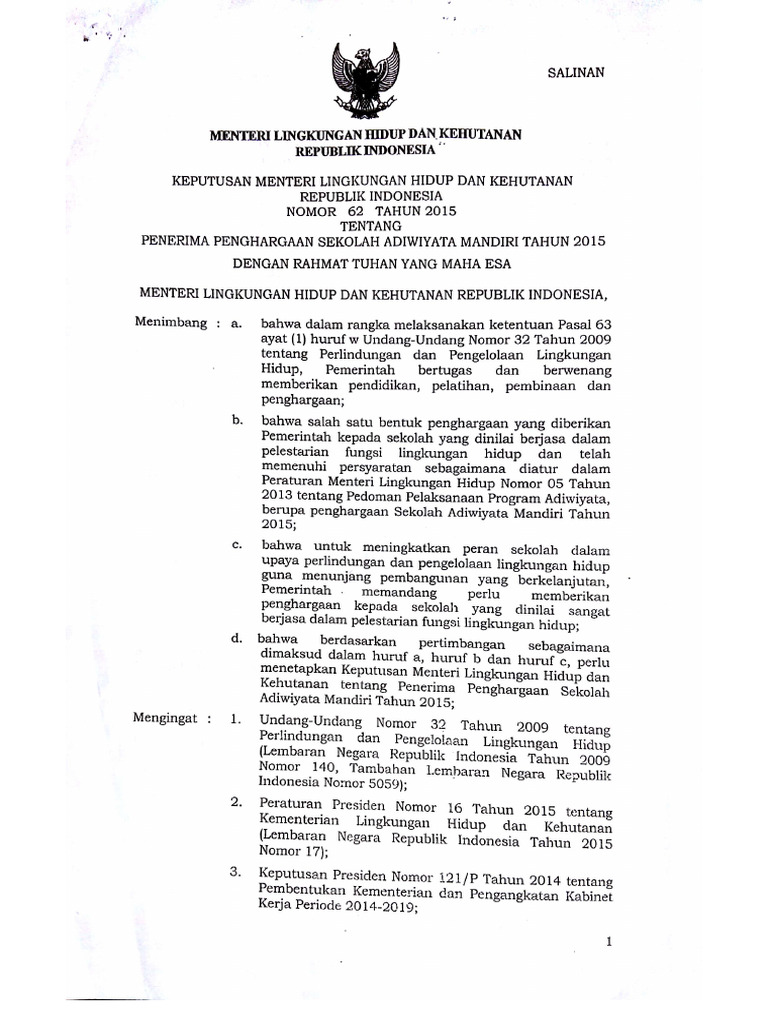 SK Penetapan Adiwiyata Mandiri 2015 | PDF