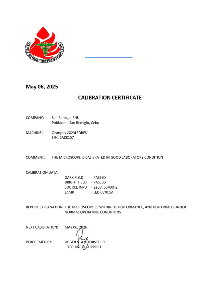 Calibration Certificate for Olympus CX23 Microscope | PDF