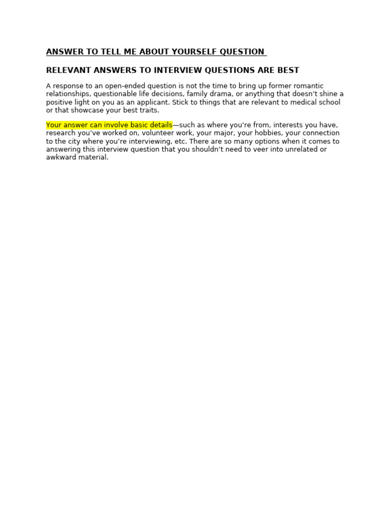 Answer To Tell Me About Yourself Question | PDF