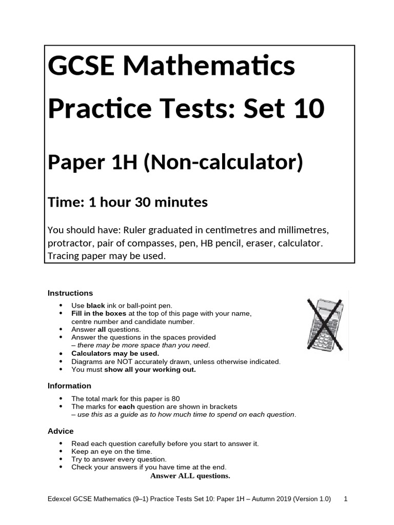 GCSE Mathematics Practice Tests: Set 10: Paper 1H (Non-Calculator ...