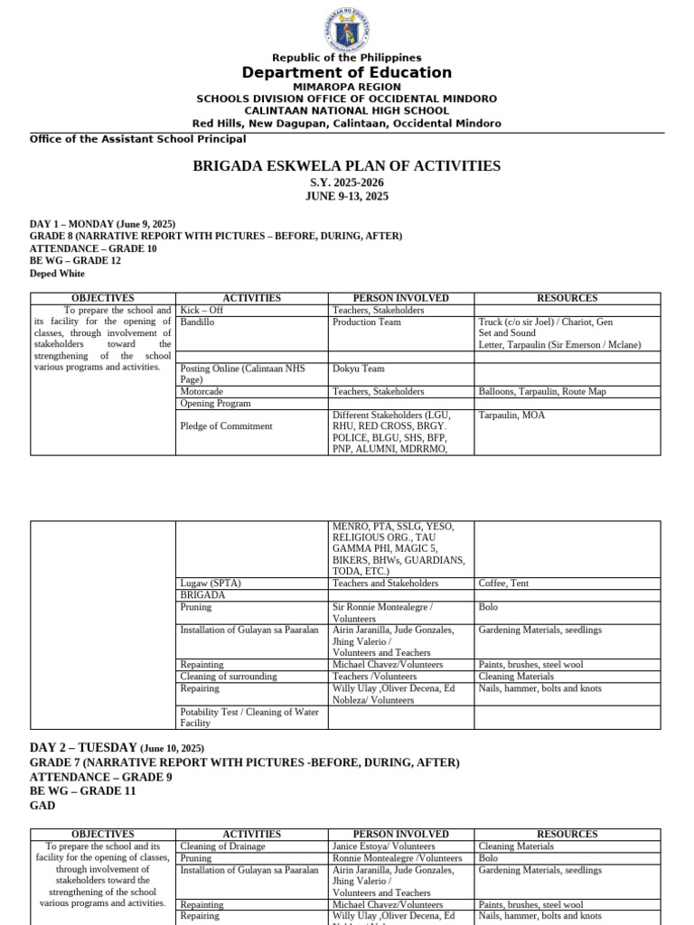 Brigada Eskwela 2025-2026 Activities Plan | PDF