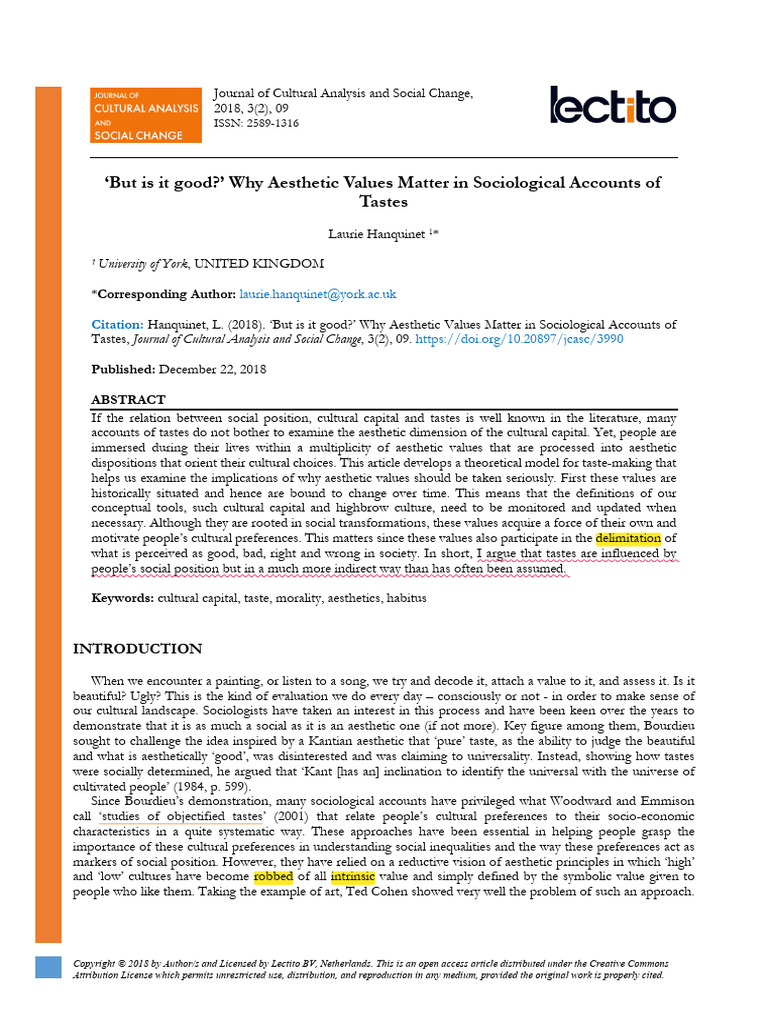 Aesthetic Values in Sociological Taste | PDF | Aesthetics | Liberal ...