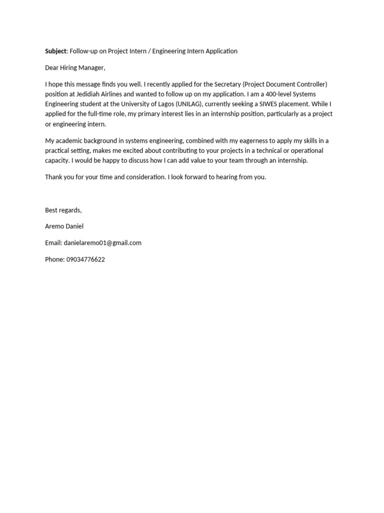 Aremo Daniel Project Intern Application Follow-Up Letter | PDF