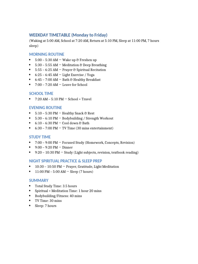 10th Grade Weekday Timetable | PDF