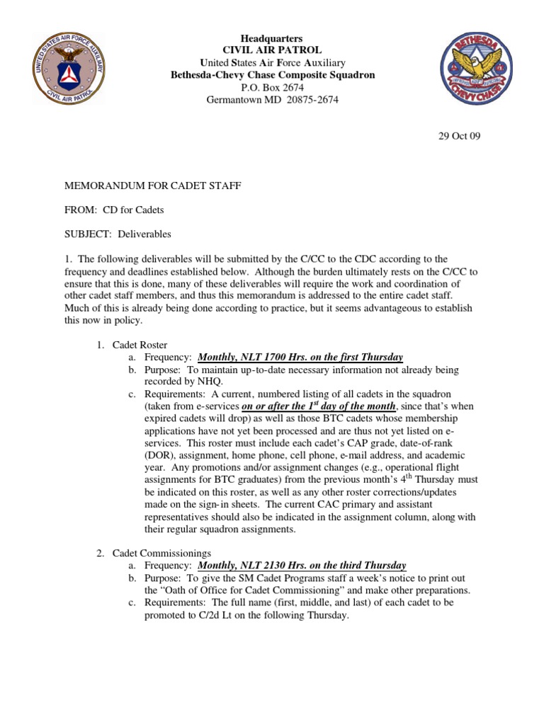 Cadet Deliverables Memorandum | PDF | Civil Air Patrol | Military