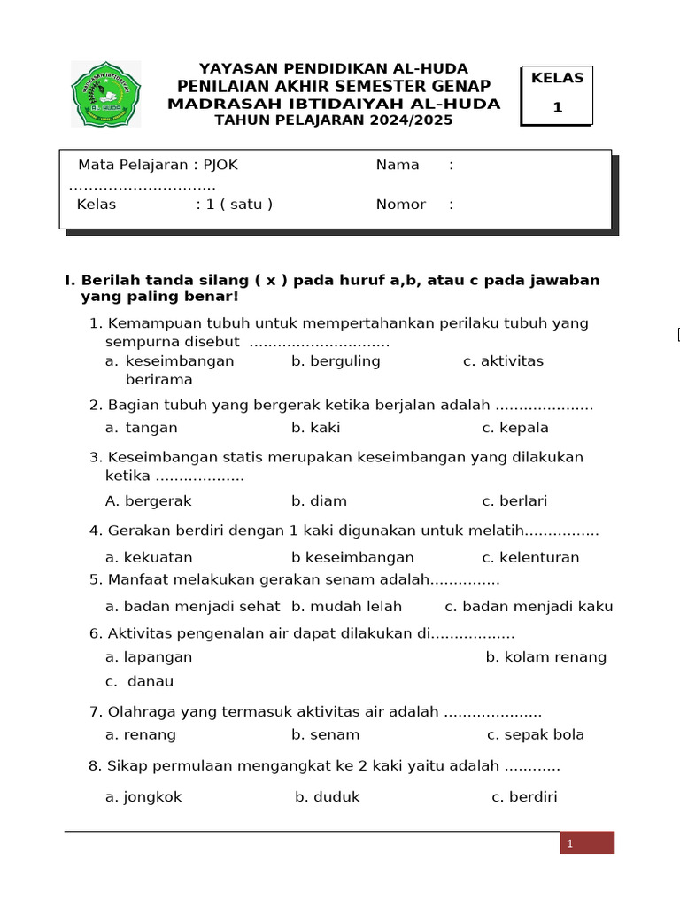 Uas PJOK Kls 1 | PDF