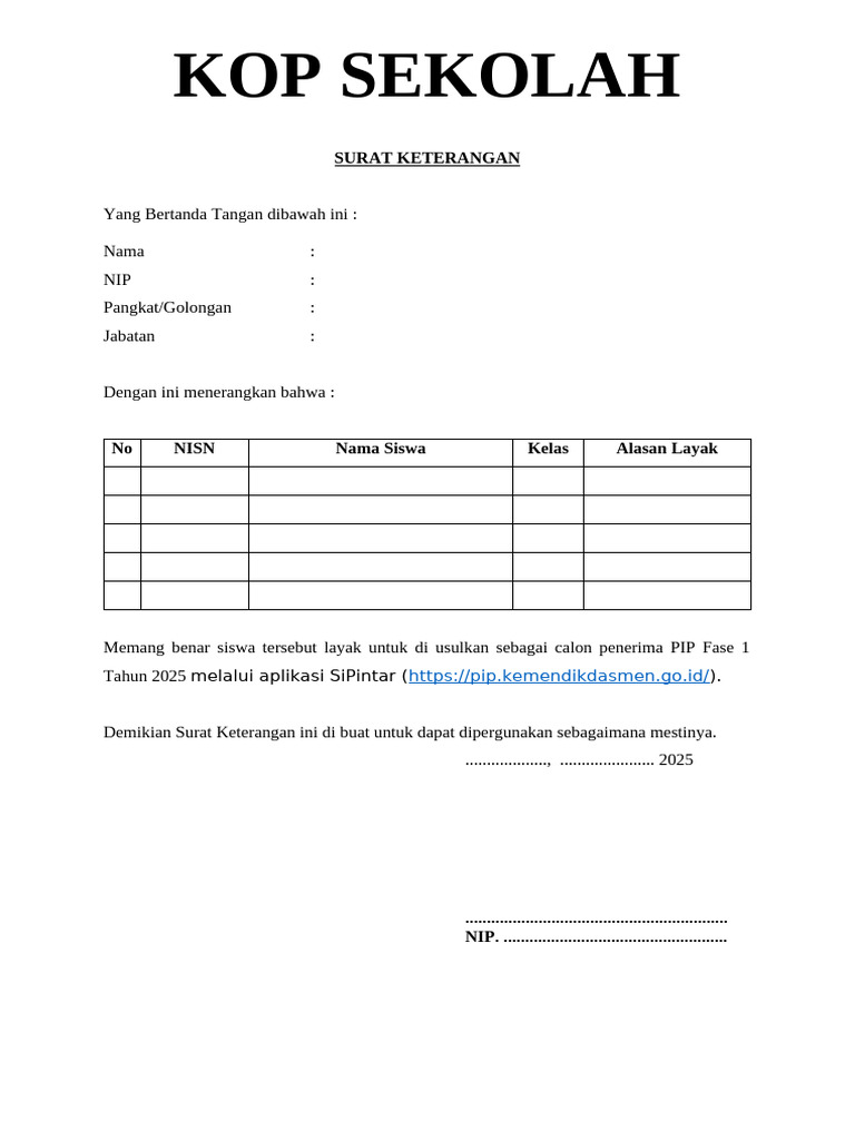 Contoh Surat Pernyataan Usulan Pip Fase 1 2025 | PDF