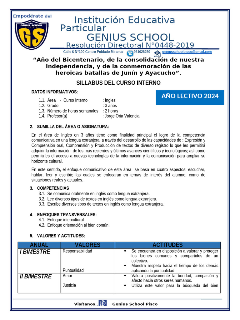 Sillabus 3 Años Genius - Ingles | PDF | Virtud | Psicología Social