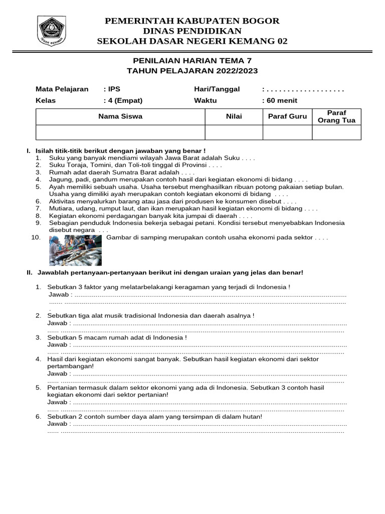 Soal Tema 7 (IPS) Kelas 4 Semester 2 Tahun 2022 | PDF