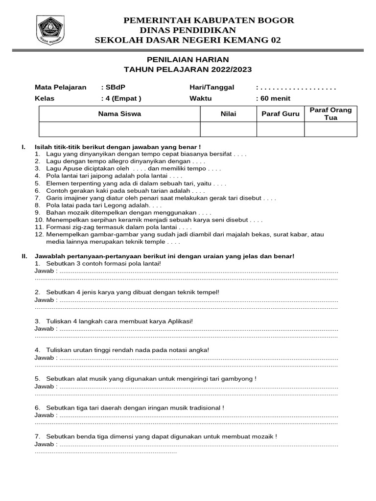 Soal Tema 7 Sbdp Kelas 4 Semester 2 Tahun 2022 Pdf