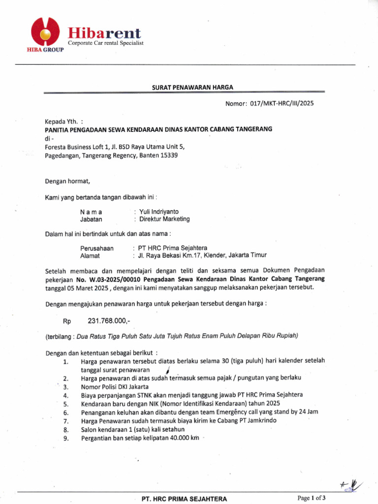 Surat Penawaran Harga Panitia Pengadaan Sewa Kendaraan Dinas Kantor Cab.Tangerang & Rincian | PDF