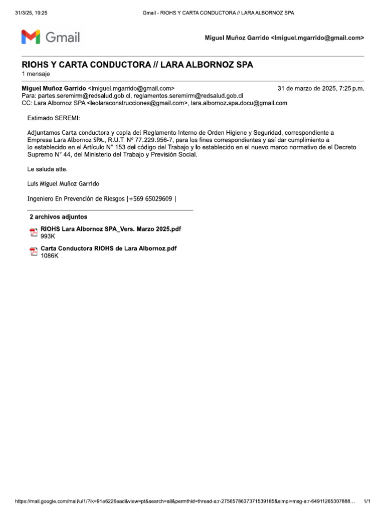 SEREMI Carta Conductora RIOHS de Lara Albornoz | PDF