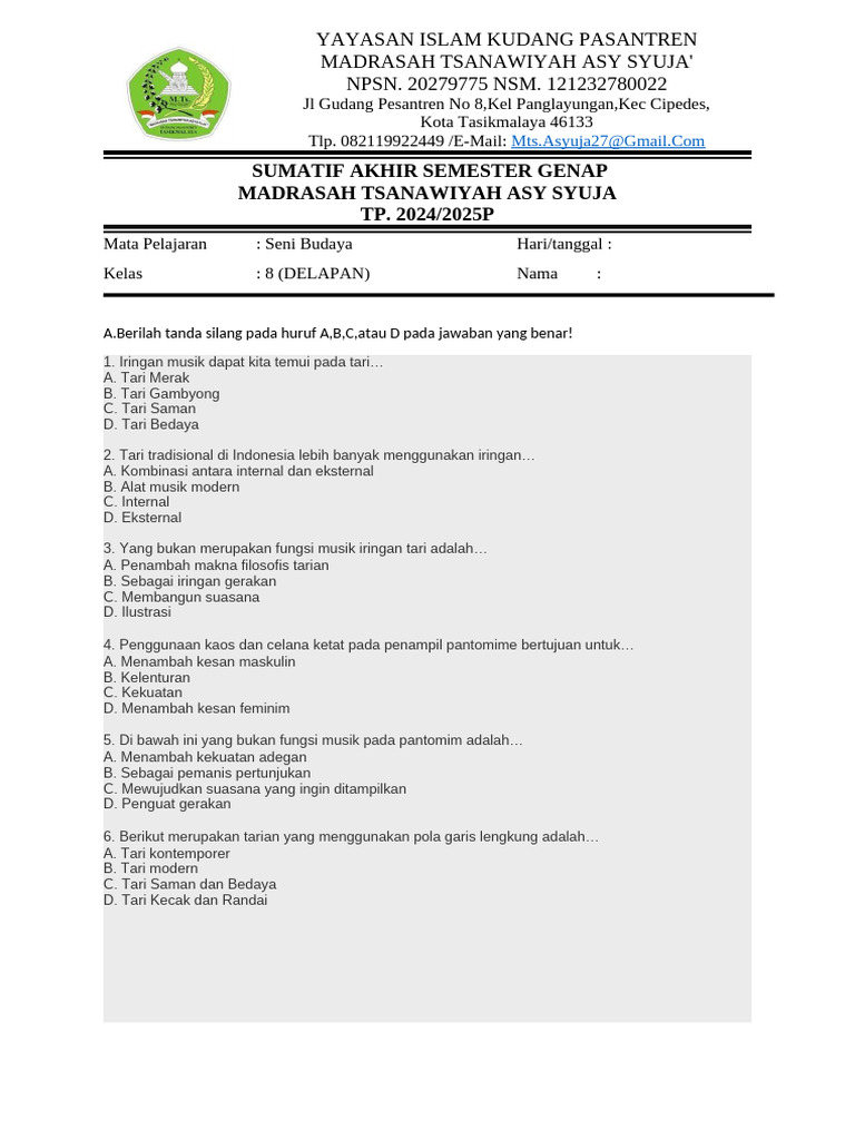 Soal Asesment Seni Budaya Kelas 8.docx (2) | PDF