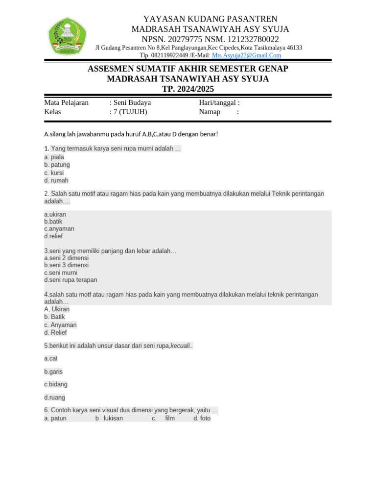 SOAL ASESMENT SENI BUDAYA KELAS 7.docx (2) | PDF