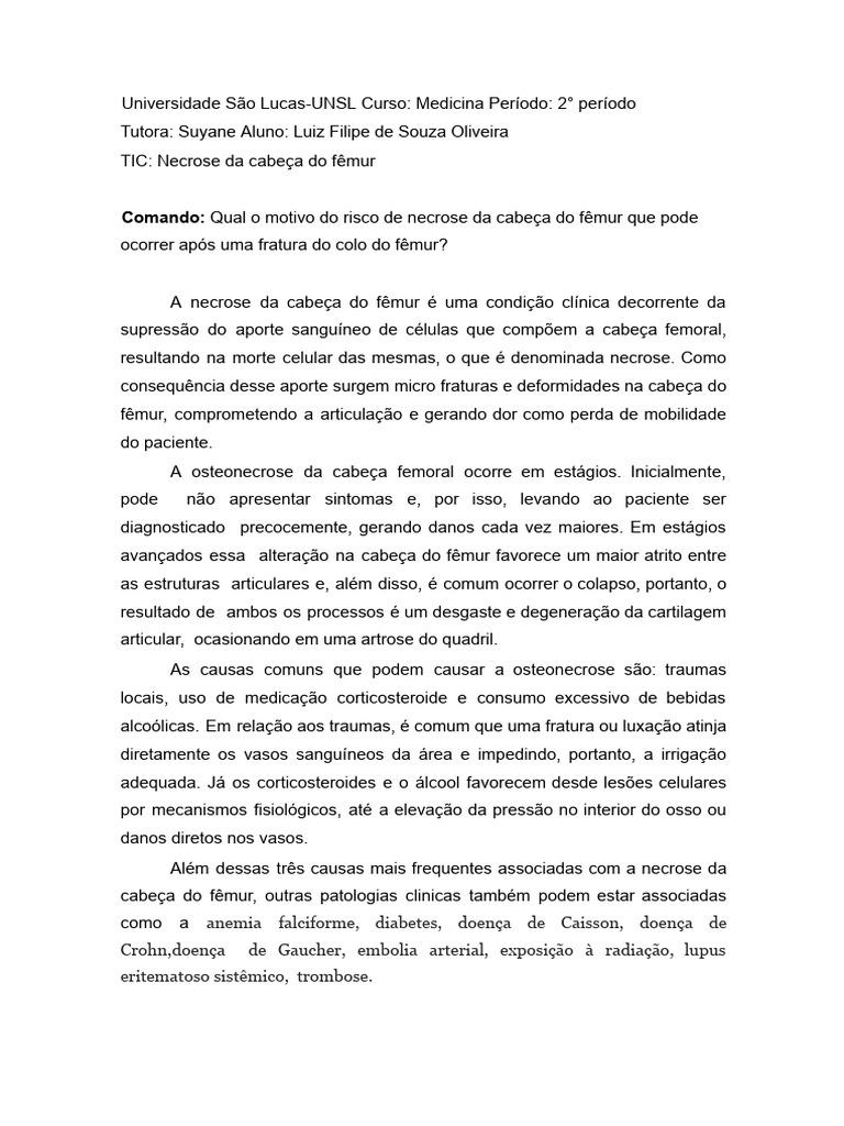 Risco de Necrose na Cabeça do Fêmur | PDF | Necrose | Doenças e ...