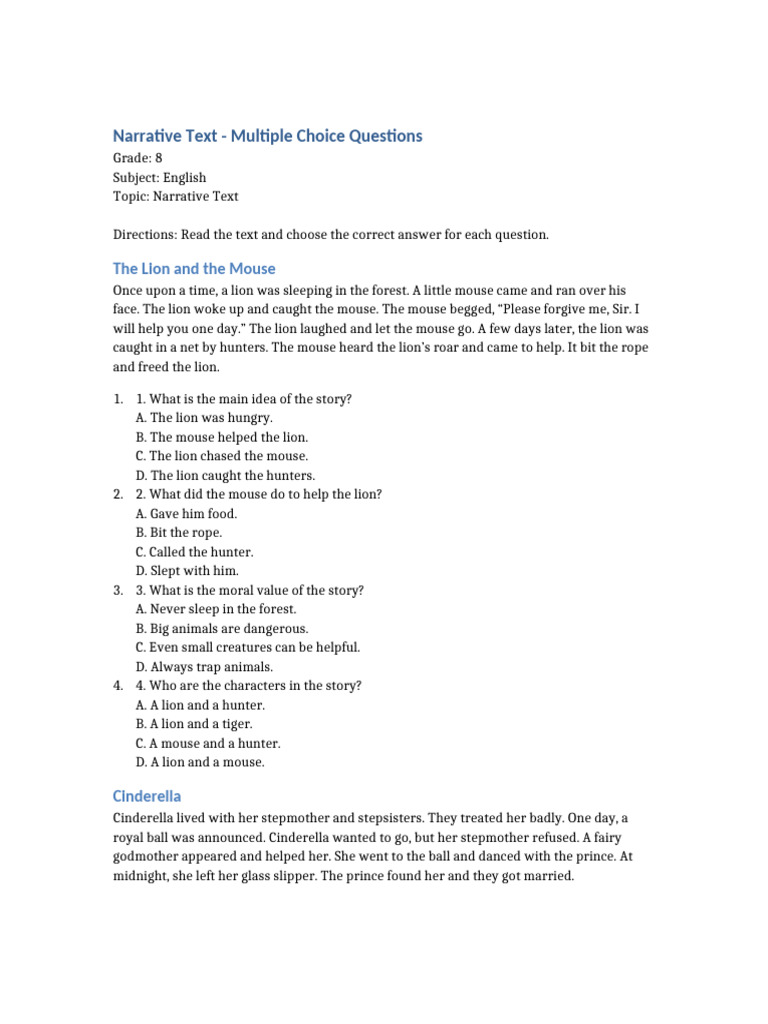 Narrative Text Questions Grade 8 | PDF | Snow White | Cinderella