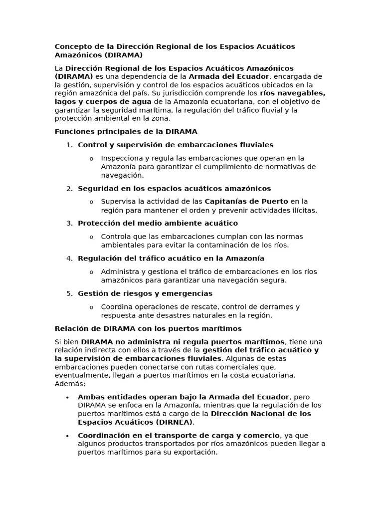 Funciones de la DIRAMA en la Amazonía | PDF | Embarcación | Puerto