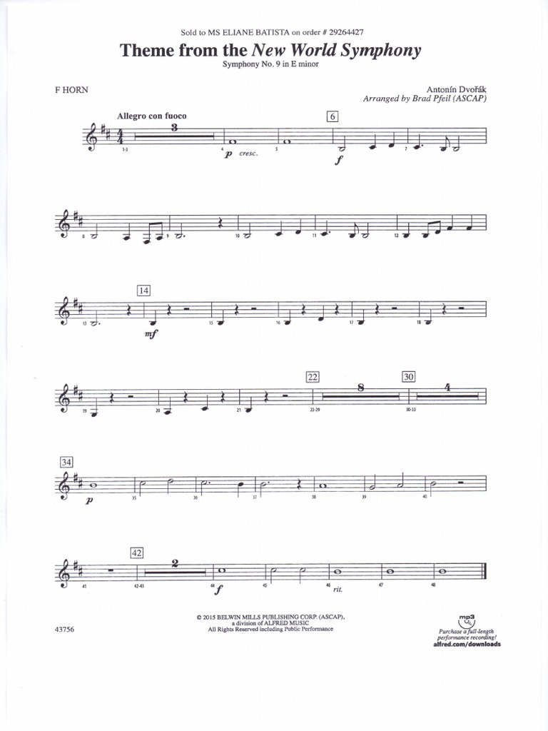 Theme From The New World Symphony - Full Orchestra - Arr. Brad Pfeil ...